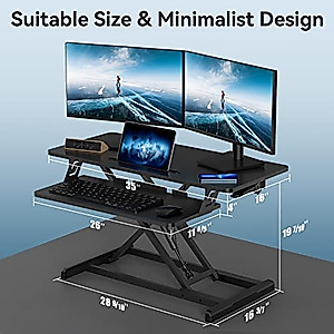 Standing Desk Converter, 35’’ W Height Adjustable Desk Riser w/ Detachable Keyboard Tray, Gas Spring , Fits Dual Monitors, Stand up Desk Riser for Standing or Sitting, Ideal for Home Office, Black