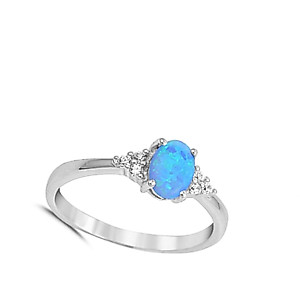 Oval Solitaire White CZ Blue Simulated Opal Promise Sterling Silver Ring Size 4