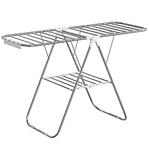 SONGMICS Clothes Drying Rack, with Sock Clips, Metal Laundry Rack, Foldable, Space-Saving, Free-Standing Airer, with Height-Adjustable Gullwings, Indoor Outdoor Use, Silver and White ULLR052W01