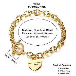 WangGao Elegent Love Stainless Steel Link Chain Blank Heart Charms Bracelet for Women Fits 6.27-7.24'' Wrist Toggle Clasp Closure Gold