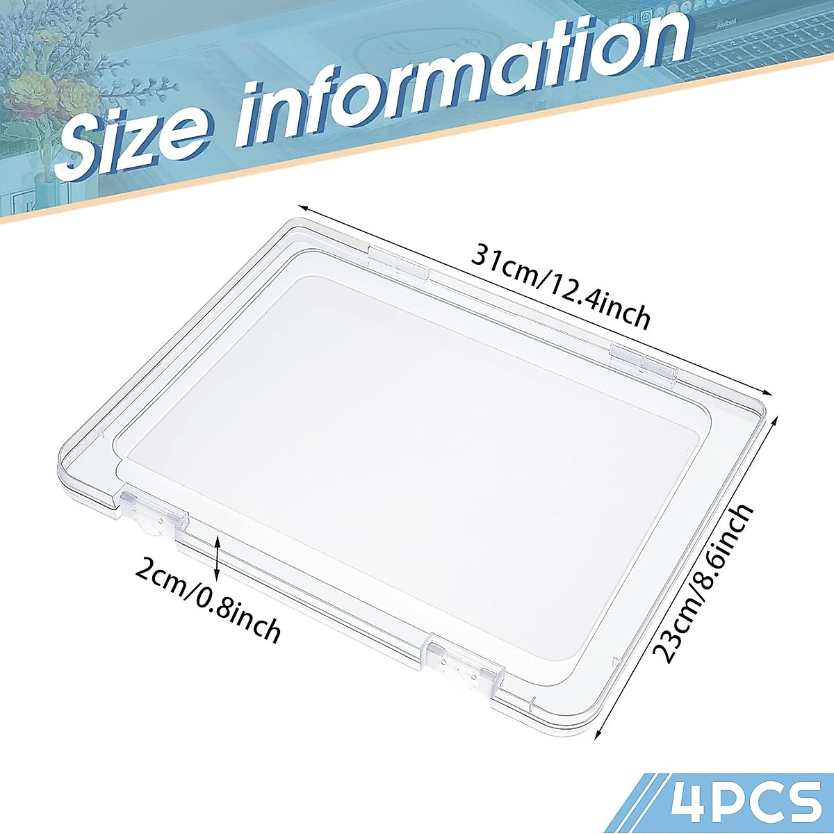 Gueevin A4 Clear File Portable Project Case Plastic Scrapbook Paper Storage Box with Handle Document Case Photo Storage Containers for Magazines Stamps Photos Art Craft,12.4 x 8.6 x 0.8 in(4 Pcs)