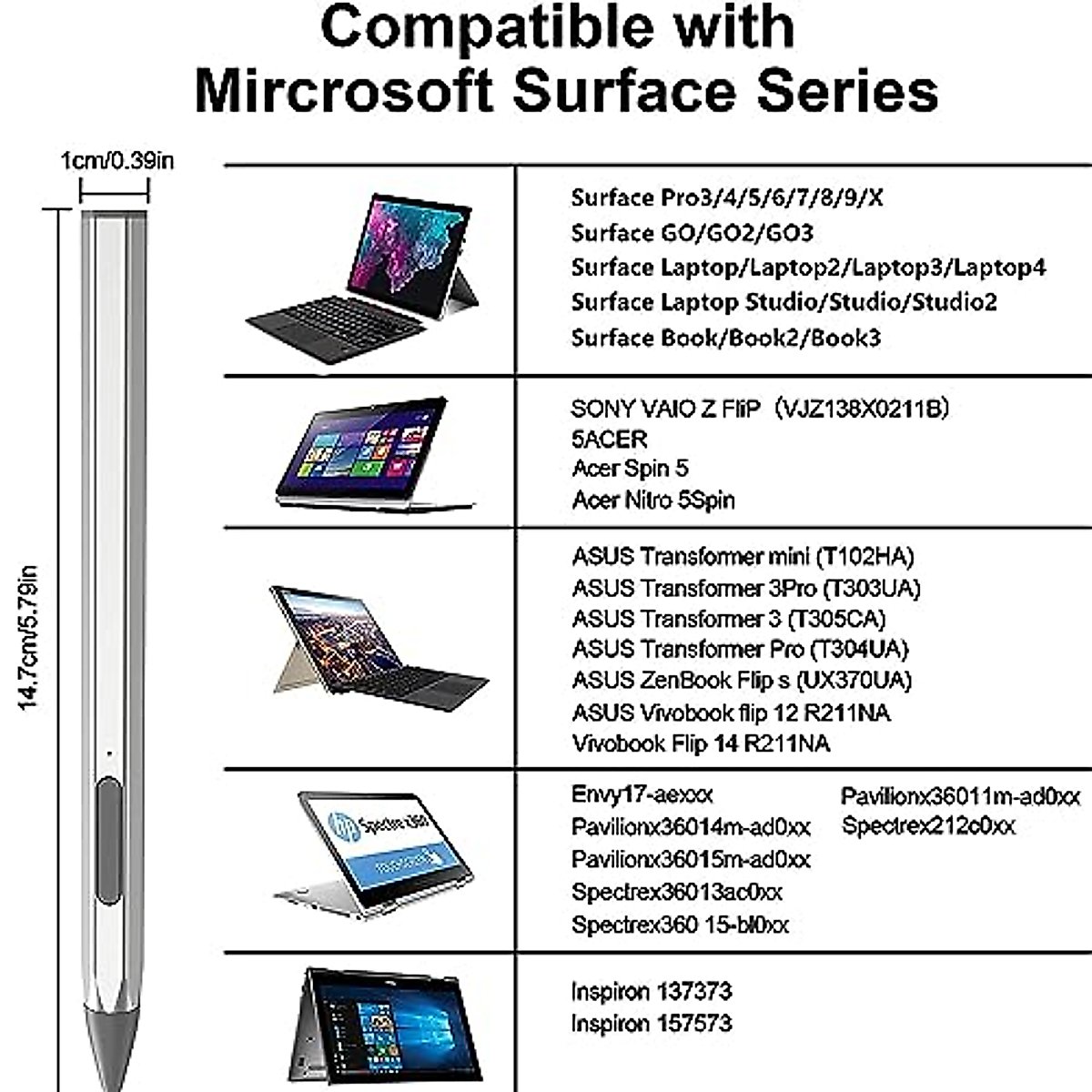 Stylus Pen for Microsoft Surface Pro9/8/7/6/5/4/3/X Surface Laptop/Book/Studio Surface 3/Go/Go2/Go3, 4096 Pressure Sensitivity, Pen for Surface with Magnetic Adsorption, Palm Rejection (Sliver)