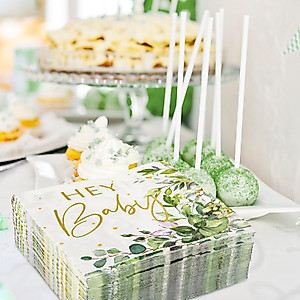 AnyDesign 80 Pack Greenery Baby Shower Napkins Hey Baby Luncheon Napkins 6.5 x 6.5 Inch Watercolor Leaf Disposable Paper Napkins Dessert Dinner Hand Napkin for Baby Shower Birthday Party Supplies