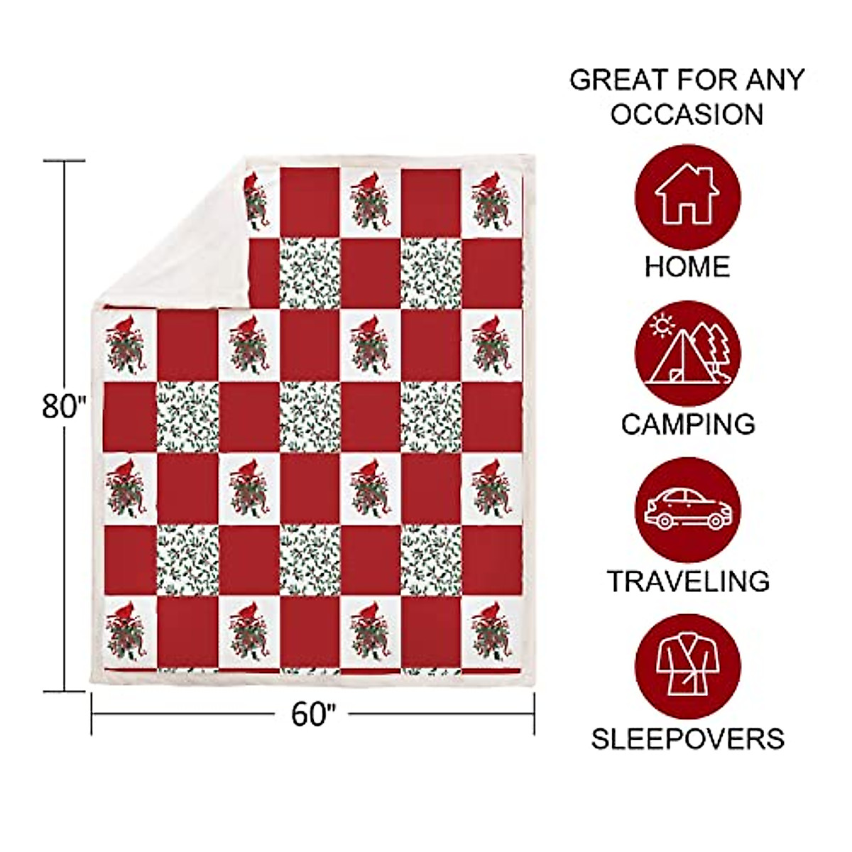Christmas Sherpa Fleece Twin Size Blanket, Cardinals Birds Stitching Plaid Fuzzy Soft Lightweight Breathable Bed Sofa TV Couch Blanket - 60'x80'