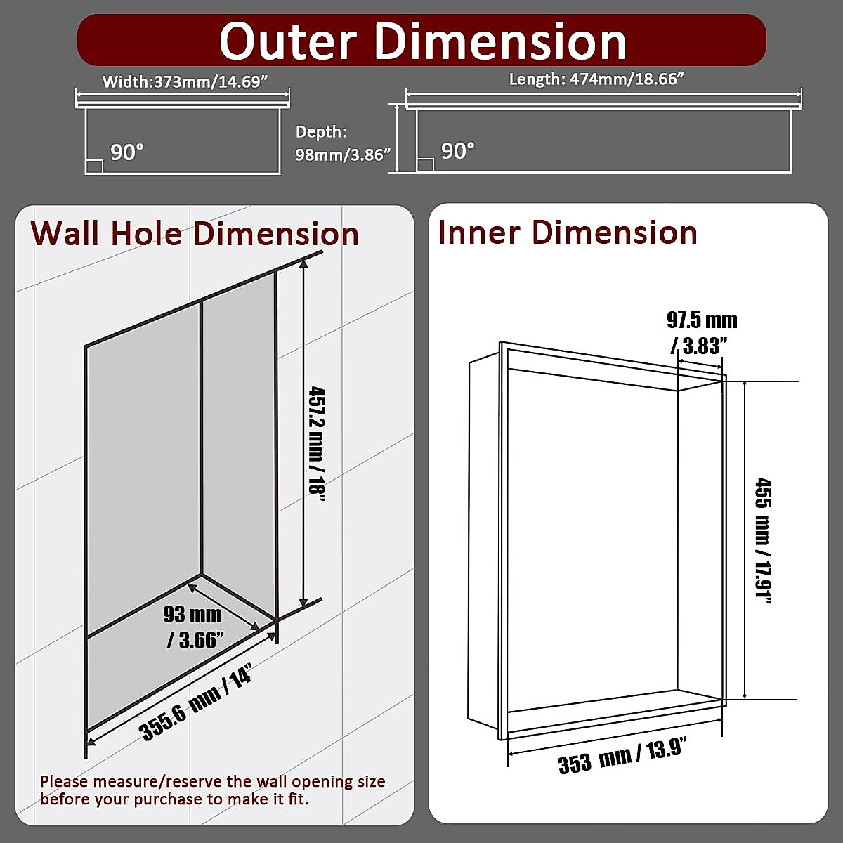 JQK Shower Niche No Tile Need, 18"×14" Matte White Bathroom Insert Shelf, 304 Stainless Steel Recessed Shower Caddy Organizer Storage, SNL1814-WH