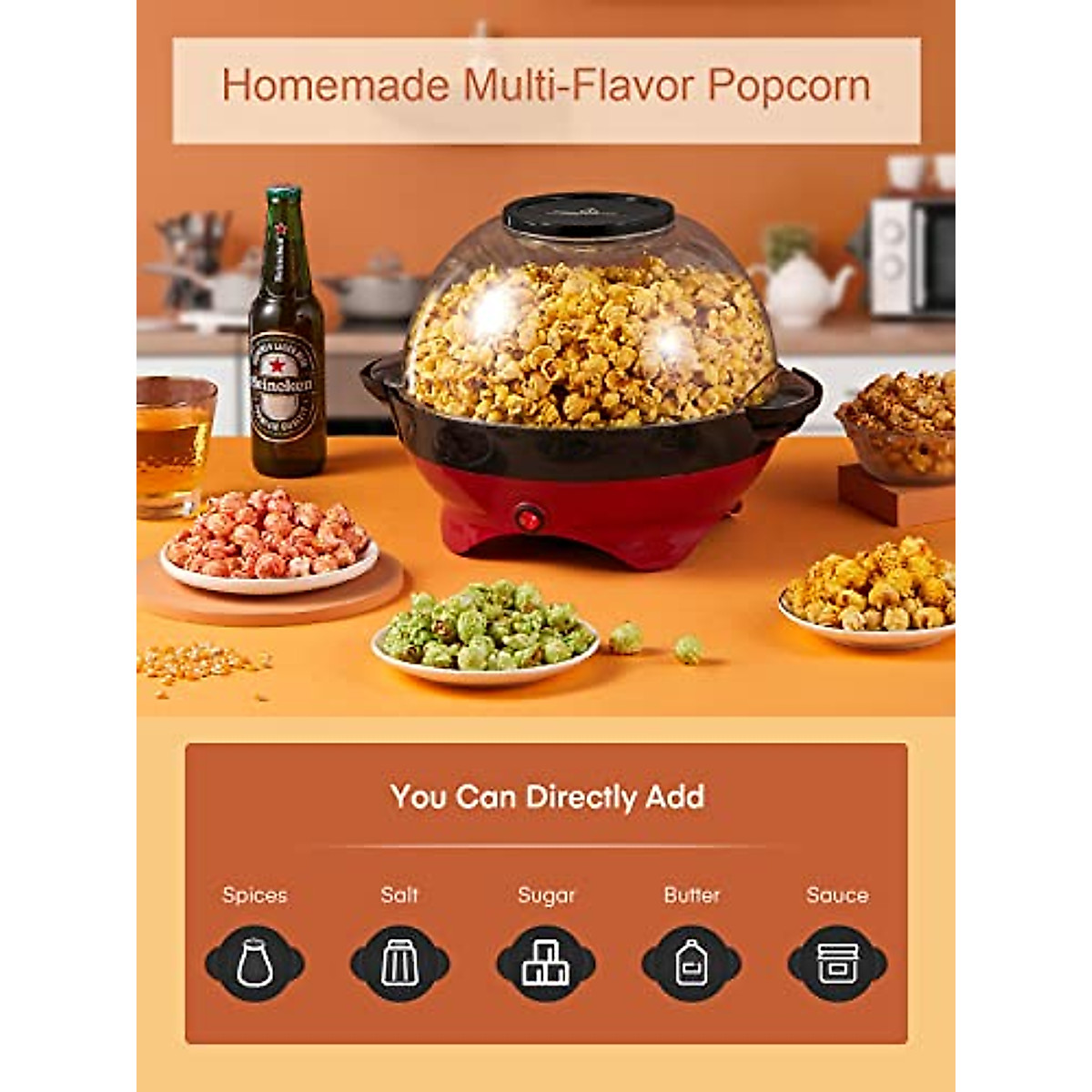 Popcorn Machine, 6.3 Qtrs./28 Cup Popcorn Maker, 800w Stir Crazy Popcorn Popper with Quick-Heat Technology, Removable Non-Stick Surface, Cool Touch Handles, Thicken Transparent Cover, 2 Measuring Cap