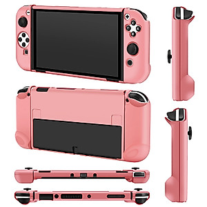TNP Switch OLED Dockable Case - Pink, for Nintendo Switch OLED Model 2021, Cute Protective Case Cover, Hard PC Shell coated with Silicone Skin for Switch OLED Accessories Console & JoyCon Controller