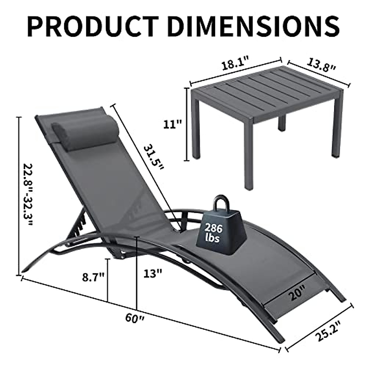 VARVIND Patio Chaise Lounge Chair Set of 3,Aluminum Outdoor Lounge Chair with Headrest,Sunbathing Lounger,Pool Tanning Chairs,Armrest Recliner Chiar with Side Table for Beach,Garden，Lawn(Grey)