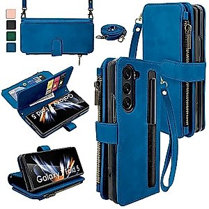 ZIULQIK for Samsung Galaxy Z Fold 5 Case, PU Leather Z Fold 5 Wallet Cases with S Pen Holder & Wrist Crossbody Strap & Card Holder Blue
