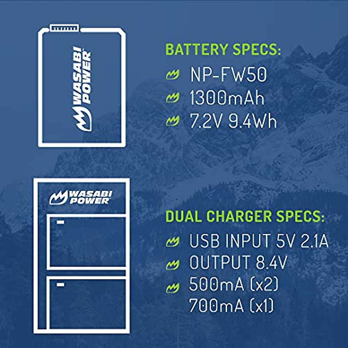Wasabi Power NP-FW50 Battery (2-Pack) & Micro USB Dual Charger for Sony ZV-E10, Alpha a5100, a6000, a6300, a6400, a6500, Alpha a7, a7 II, a7R, a7R II, a7S, a7S II, DSC-RX10 III, RX10 IV & More