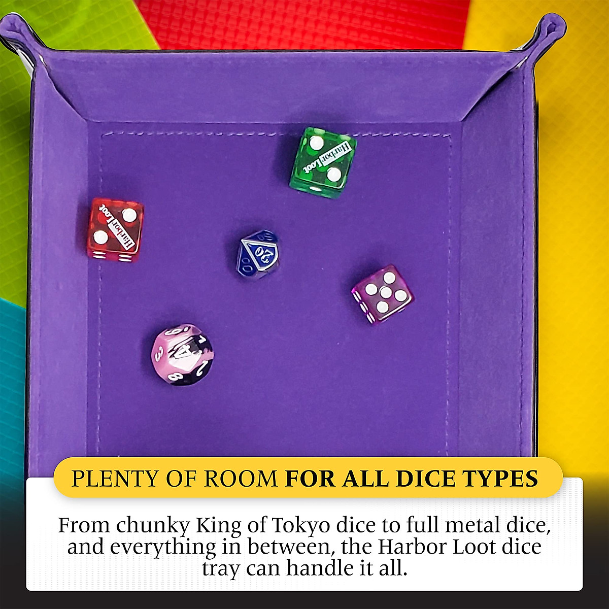 Harbor Loot Brand Black Dice Tray - Perfectly Sized at 8.5 x 11.25 Inches Unsnapped and 6.5 x 9.5 Snapped - Designed by Gamers - Packs Flat, Protects Your Table, and Keeps Dice Where They Belong