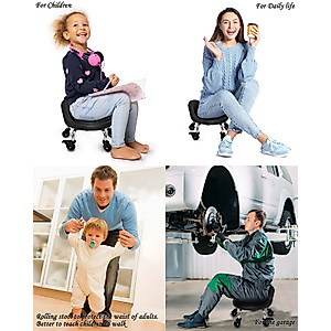 Rolling Stool with Backrest VAPAA TAIDE 450 Lbs High Weight Capacity PU Leather Roller Seat and Heavy-Duty Crystal Universal Wheels for Men Women Boy Girl Furniture Gift, Home Office Black