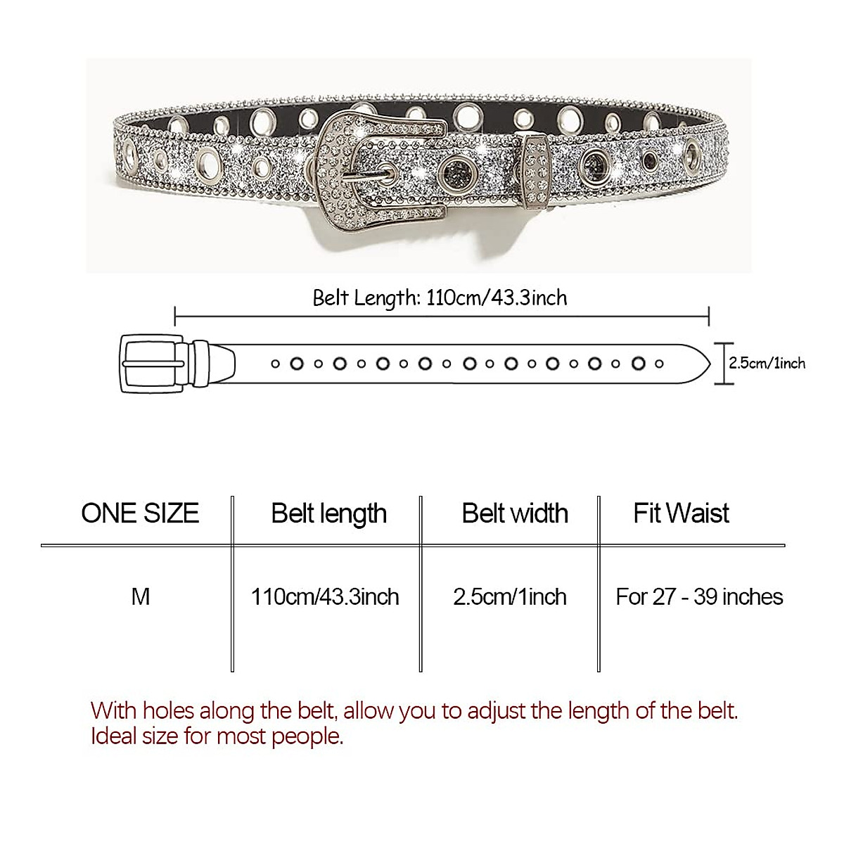 Rhinestone Belts for Women Western Cowgirl Bling Skinny Leather Belt for Jeans Pants Dresses (Fit for 27"-39")