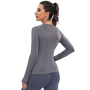 MathCat Workout Seamless Shirts for Women Long-Sleeved Yoga Running Breathable Thumb Holes Tops Grey