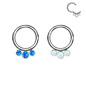 Pierced Owl 16GA G23 Implant Grade Titanium Triple Bezel Set Synthetic Opal Lined Hoop Cartilage Helix Daith Septum Hinged Segment Ring (White, 10mm Diameter)