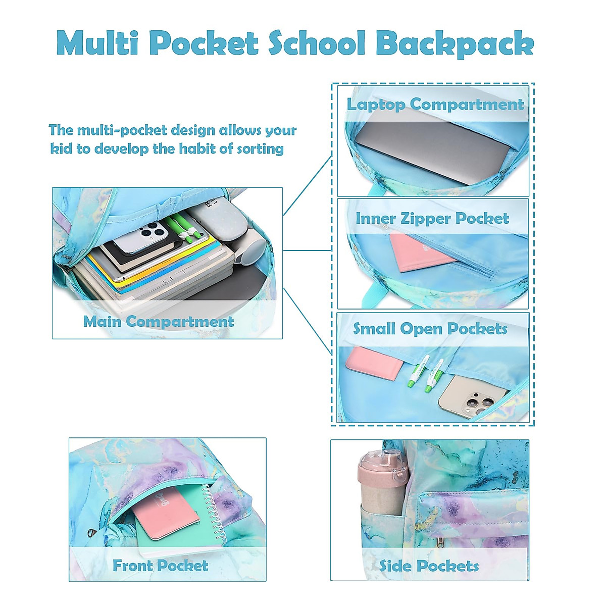 Girls Bookbag with Lunch Box for School, 3PCS Backpack for Girls with Lunch Bag & Pencil Case, Large Capacity Kids Schoolbag for Preschool Kindergarten Elementary