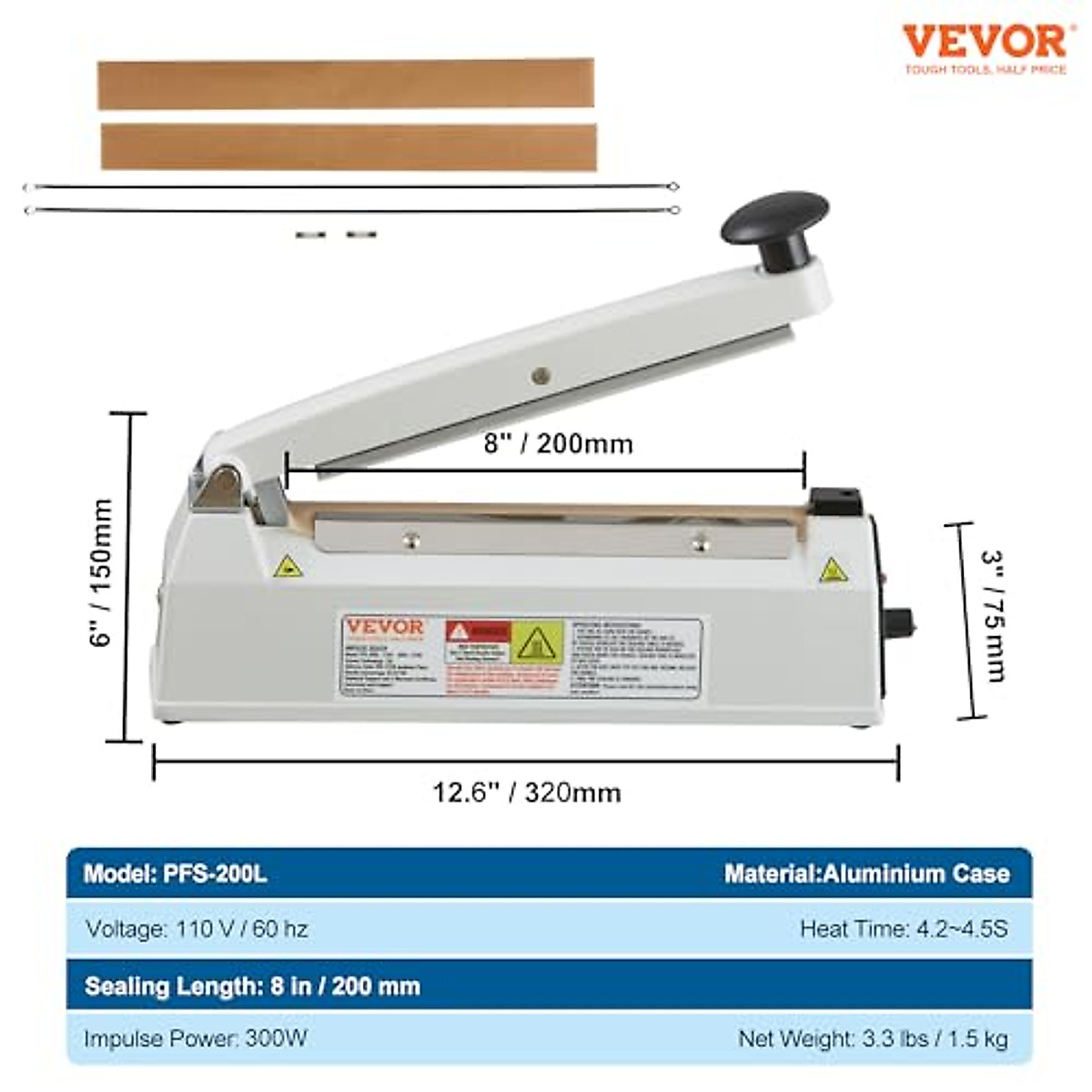 VEVOR Impulse Sealer 8 inch, Manual Heat Sealing Machine with Adjustable Heating Mode, Aluminum Shrink Wrap Bag Sealers for Plastic Mylar PE PP Bags, Portable Poly Bag Sealer with Extra Replace Kit