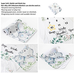 Baby Milestone Blanket, 60"x40", Baby Month Blanket for Unisex Babys, First Year Calendar Monthly Growth Chart, (Light Gray Elephant)