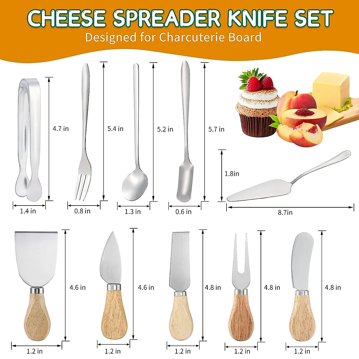 Mother's taste BB Cheese Knife Set 25 PCS Stainless Steel Butter Spreader Knives with Handle Mini Spoons Spatulas Forks Sugar Tongs Blades for Festival Wedding Birthday Christmas Party
