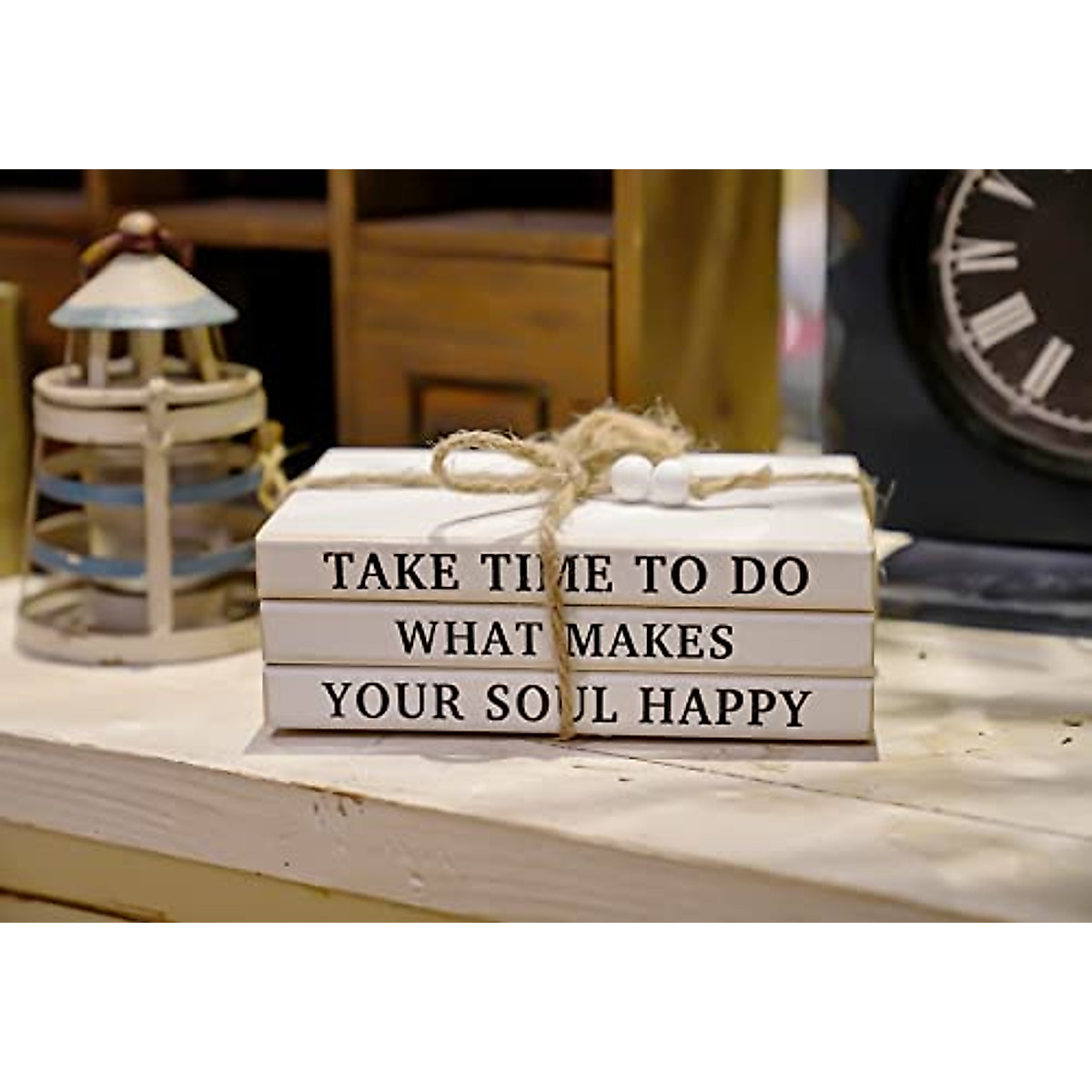 3 Pieces Wooden Decorative White Books, Rustic Farmhouse Book Stack, Faux Books for Coffee Table Shelves with Wood Bead Tassels and Leaves, for Modern Home Decor, 7'x 4.6'x 2.5'
