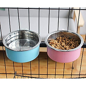 RUBYHOME Dog Bowl Feeder Pet Puppy Food Water Bowl, 2-in-1 Plastic Bowl & Stainless Steel Bowl, Removable Hanging Cat Rabbit Bird Food Basin Dish Perfect for Crates & Cages, Blue