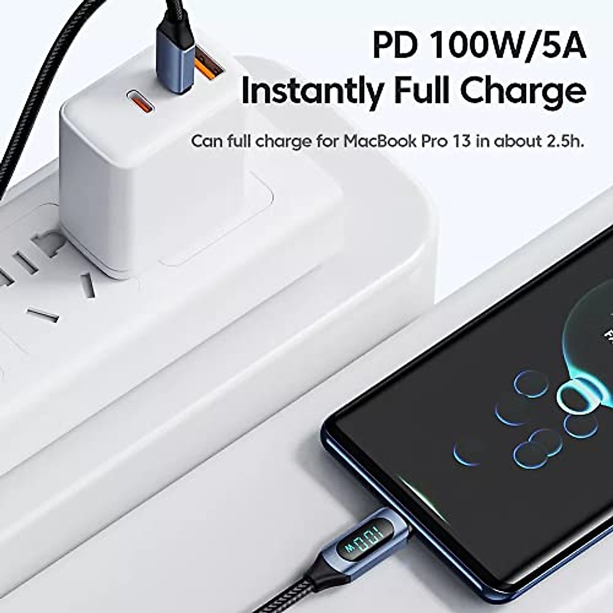 5A Type C to Type-C Cable Super Turbo Charging PD 100W Digital LED C to C Nylon Braided for Samsung High Stable Current Save PVC USB-C Charger Fast-Speed Data Sync Smart Chip 2Meter Length (2M-Blue)