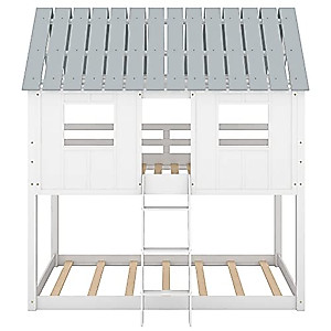 TARTOP Twin Over Twin Size Low Bunk Beds with roof and Fence Shaped guardrail, Twin Over Twin Wooden Bed Frame with Guardrails for Kids Teens Girls Boys, White