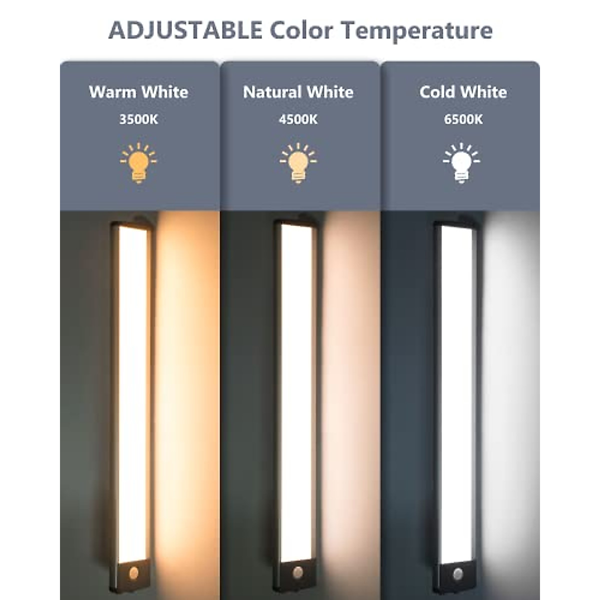 3 Color Temperatures Motion Sensor Closet Light, 60-LED Under Cabinet Lighting, Wireless USB Rechargeable Battery Powered Operated Lights, Magnetic Motion Activated Kitchen Cupboard Night Light-2 Pack