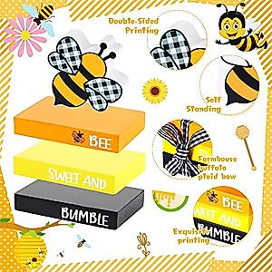 4 Pieces Wood Decorative Book Stack Mini Faux Tiered Tray Wood Books Reversible Sign Rustic Bookshelf Decor for St. Patrick's Day Easter Bee Lemon Holiday Party (Bee Style)