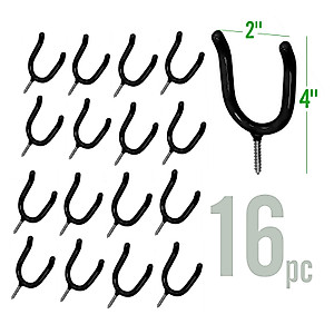 ALAZCO 16 Black Vinyl Coated Steel Wall Mount Screw-in Heavy Duty Tool Holders 4” Utility U-Hooks for Garage Workshop Storage Hang Shovels Rakes Brooms Garden Tools Sports Equipment Tennis Racket