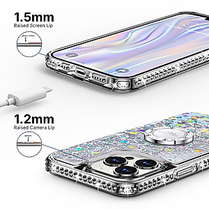 Silverback for iPhone 14 Pro Case with Ring, Moving Liquid Holographic Sparkle Glitter Case with Stand, Girls Women Bling Diamond Slim Protective Case for Apple iPhone 14 Pro 6.1''- Clear Silver