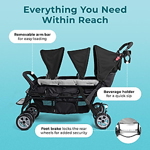 Gaggle by Foundations Compass 3 Seat Stroller | Triple Stroller for Infant and 2 Toddlers | Lightweight Tandem Triple Stroller | Foot Brake | Shock-Absorbing All-Terrain Wheels | Easy Folding | Black