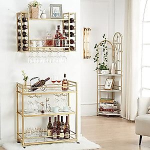 GOLASON Wall Mounted Wine Rack with Glass Holder, Metal Bottle Holder Wine Storage Display Shelf for Home Bar Dining Room Kitchen (31.5 Inch, Faux Marble)