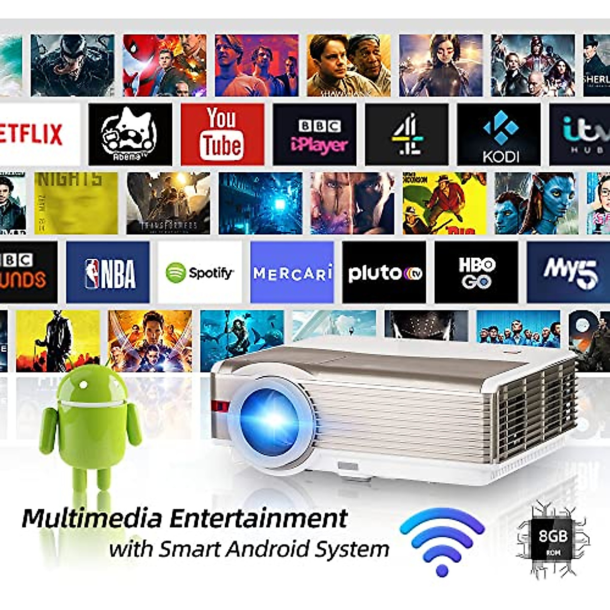 WIKISH Smart Wifi Bluetooth Projector 9000 Lumen,Home Cinema Projector 200 Inch Display with HDMI USB AV for Indoor Outdoor Movie DVD TV Box Laptop