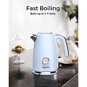LONGDEEM Electric Kettle Quick Heating, Hot Tea Water Boiler with Thermometer 1.7L Stainless Steel Cordless LED Indicator 1500W, Auto Shut-Off & Boil Dry Protection, Easy to Clean, Blue