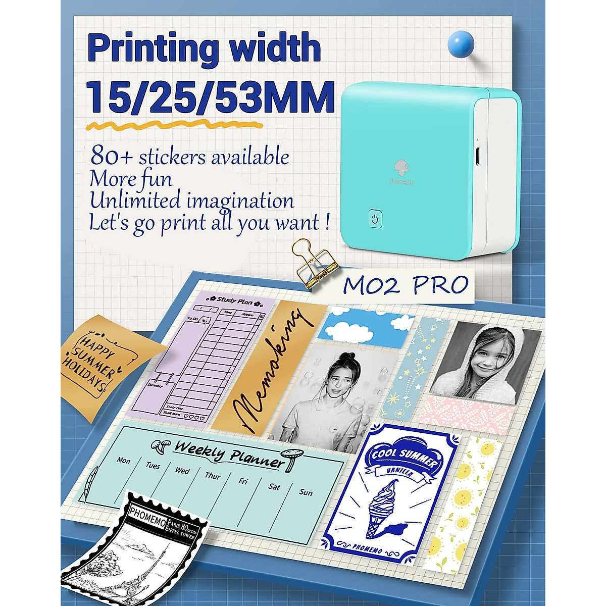 Memoking Inkless Bluetooth Printer - HD 300dpi Photo Sticker Printer Machine Mini - M02 Pro Thermal Mini Printer for Pad&Phone - 2" Mini Sticker Maker Machine Printer for Memo,Photo,DIY,Fun,1D/QR,Logo