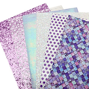 David Angie Glitter Transparent Printed Assorted Faux Leather Sheet 6 Pcs 8" x 13" (20 cm x 34 cm) Purple Theme Synthetic Leather Fabric for DIY Projects Sewing Craft (Assorted Leather)