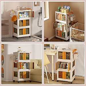 3 Tier Rolling Cart, Utility Cart with Wheels, Plastic Cart with Handle, Tool Cart with Storage Bins, 4 Directions Opening Grocery Cart, Storage Cart with 4 Hook, Heavy-Duty Storage Trolley…