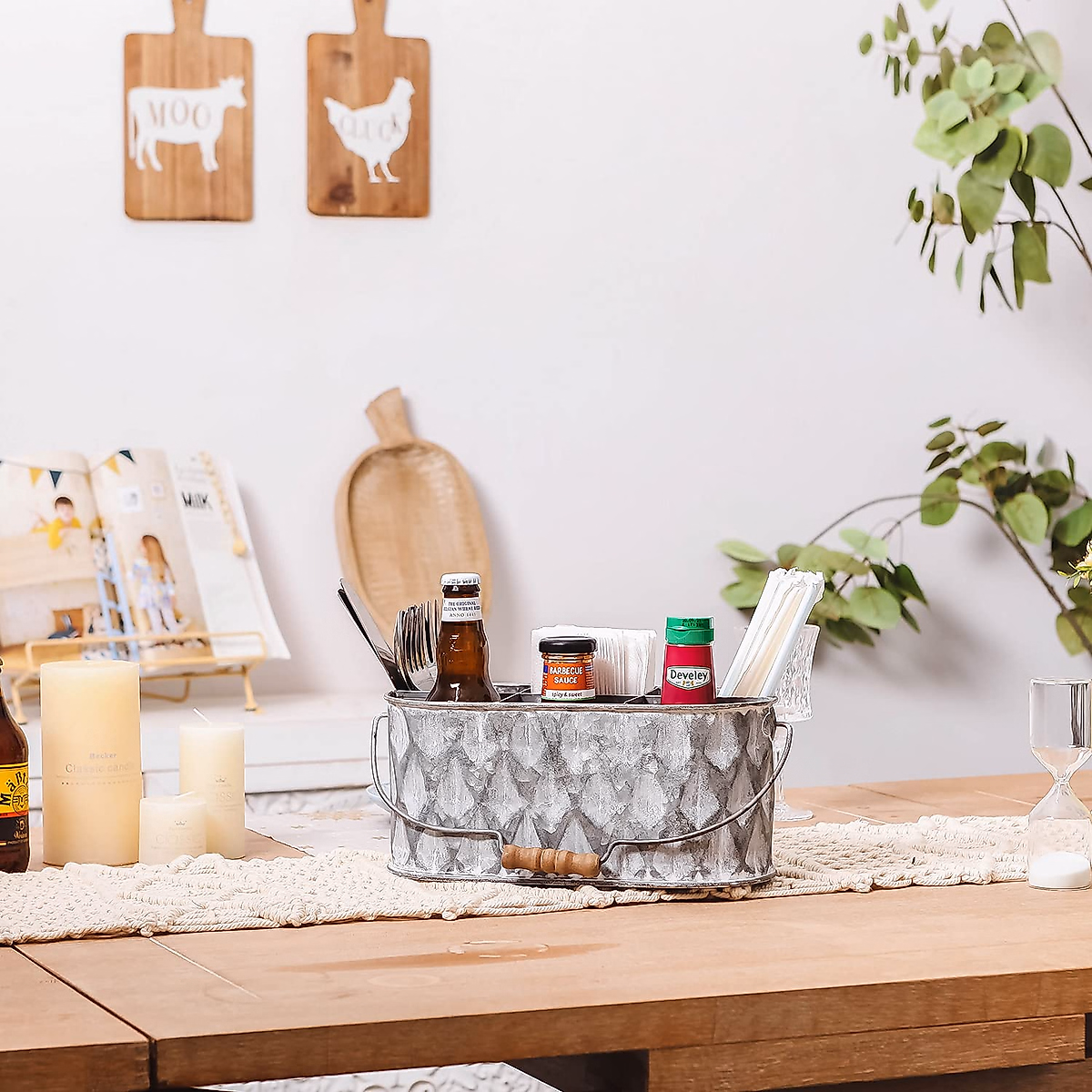 NIKKY HOME Galvanized Metal Caddy with 6 Compartments, Farmhouse Utensil Holder Rustic Utensil Caddy Carry-All Serveware Picnic Caddy Multipurpose Storage Bin with Handle - 12 x 5.5 x 9.5 inches