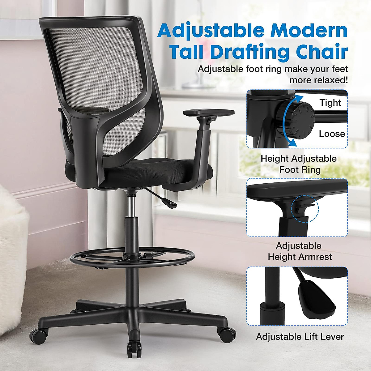 Drafting Chair - Tall Standing Office Desk Chair with Adjustable Foot Ring, Chair with Ergonomic Lumbar Support, Adjustable Height, Breathable Mesh
