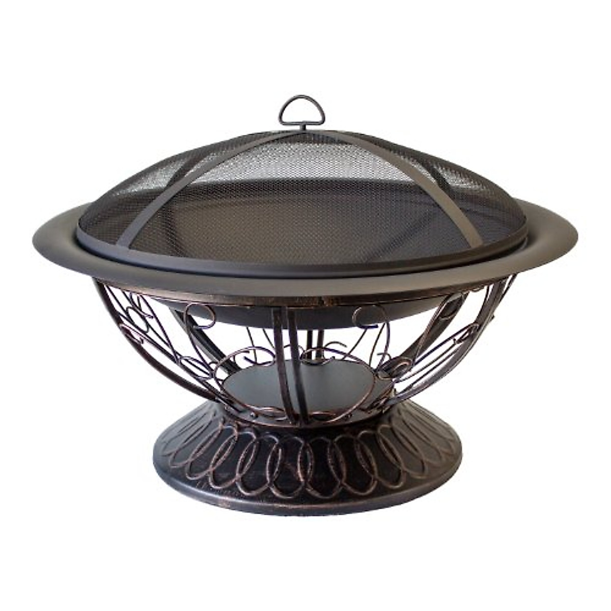 Hiland FT-022 Wood Burning Fire Pit w/Wood Grate and Domed Mesh Screen Lid w/Poker Included, Round, Antiqued Black