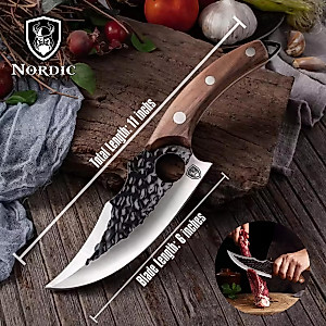 Nordic New Upgraded Hand Forged Viking High Carbon Steel Boning Knife with Leather Sheath, Multipurpose for Meat Cutting, Kitchen, Camping, BBQ, (Brown)