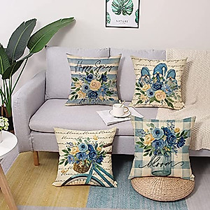 Fjfz Happy Spring Blue Flower Gnome Decorative Throw Pillow Cover 18 x 18 Set of 4, Floral Rose Buffalo Plaid Porch Patio Outdoor Home Decor, Bloom Stripes Bike Seasonal Farmhouse Couch Cushion Case