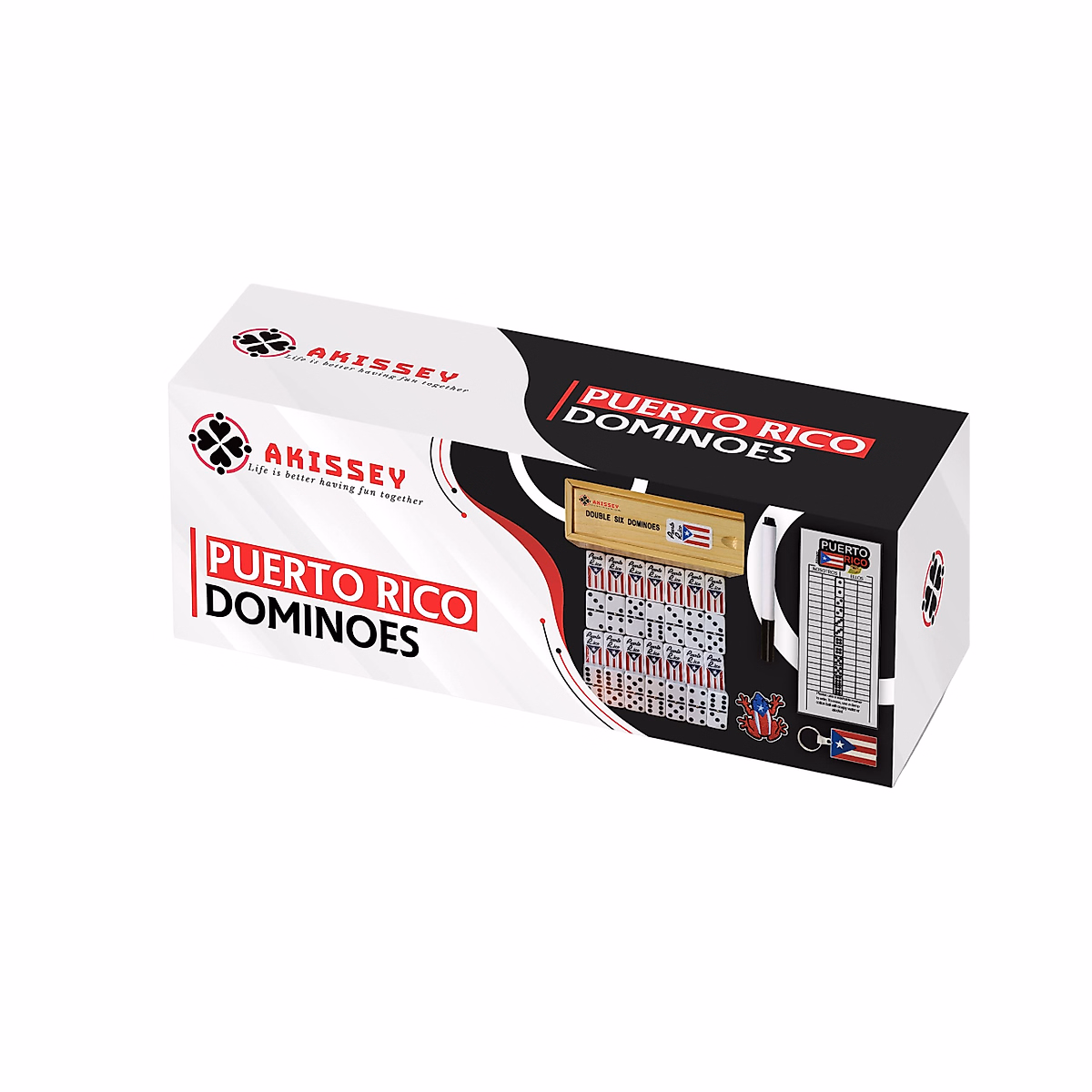 Puerto Rico Dominoes, Puerto Rican Dominoes with Flag Engraved, Puerto Rico Dominos with a Scorecard, Coqui Patch and Boricua Pride Keyfob