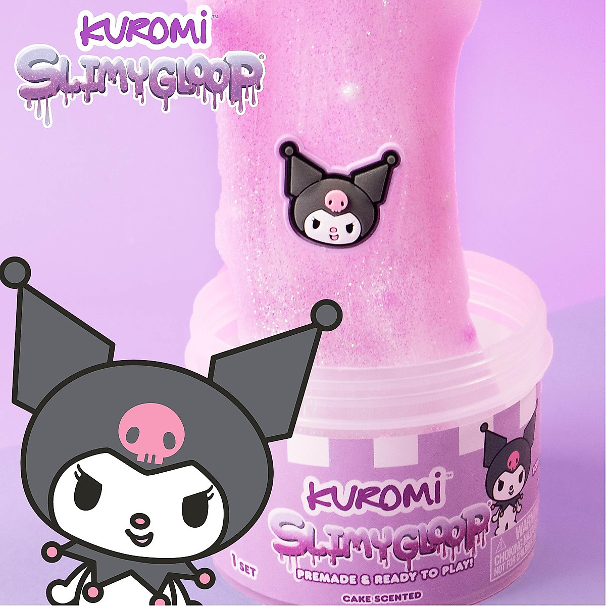 Kuromi SLIMYGLOOP Jar, 8 oz Purple & White Cake-Scented Slime, Includes Beads & Kuromi Charm, Sanrio Stuff, Hello Kitty Merch, Sanrio Slimes