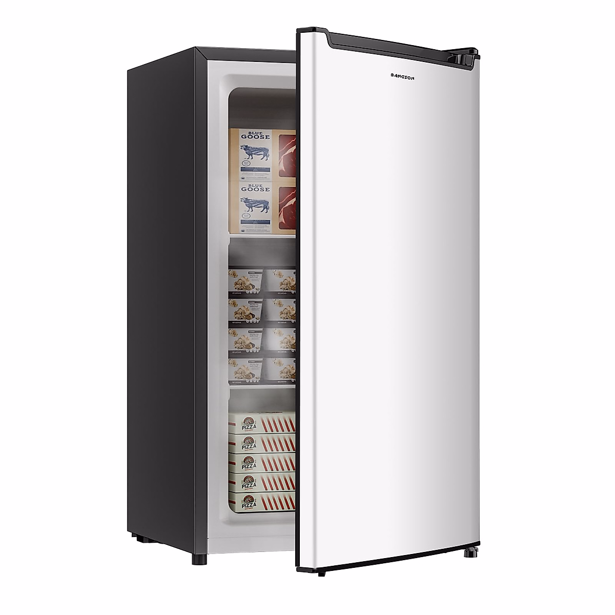 BANGSON 2.1 Cu.ft Upright Freezer, Compact Mini Freezer with Reversible Door, Adjustable Thermostat, Removable Shelves, Energy-Saving Small Freezer for Garage/Dorm/Office/Apartment, Silver