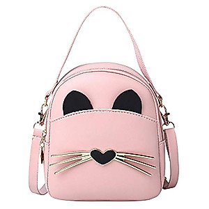 ASUYOERU Women Leather Crossbody Messenger Bag Cartoon Cute Cat Shoulder Backpack, Pink, large 41*30*12cm