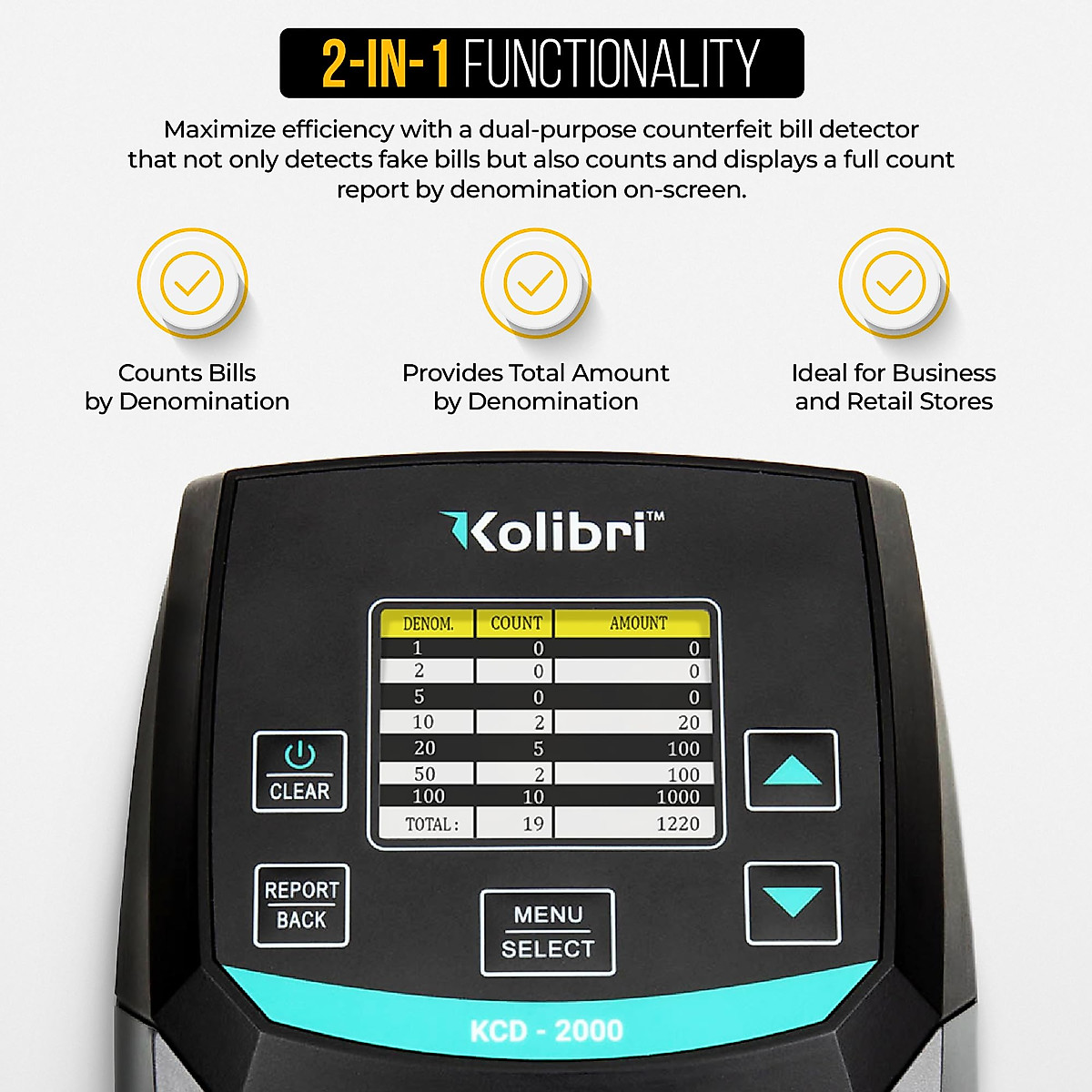 KOLIBRI KCD-2000 Advanced Counterfeit Bill Detector | All-Orientation Counterfeit Detection Bill Counter | Money Counter by Denomination | Detect Fake Bills Fast