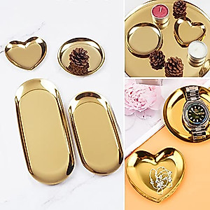 JKanruh 4 Pack Gold Stainless Steel Towel Tray,Storage Tray,Tea Tray Fruit Trays,Decorative Tray,Jewelry Dish Cosmetics Organizer(Oval,Heart-Shaped,Round)