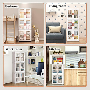 CXCJAI Storage Bins with Lids and Doors Storage Cabinet with Wheels Plastic Stackable Pantry Cabinet Cupboard Closet Foldable Kitchen Collapsible Storage Bins for Book Snack and Bathroom Organizer